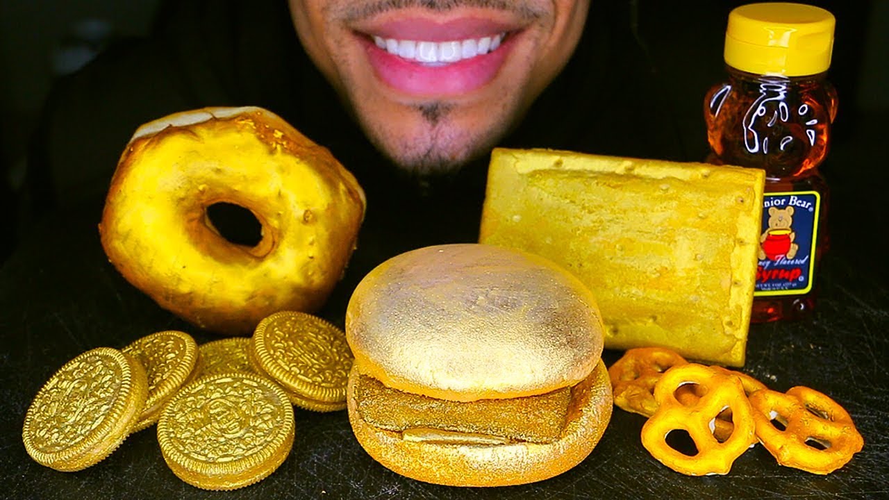 ASMR EDIBLE ALL GOLD FOOD POP TART OREOS BURGER HONEYCOMB MUKBANG JERRY ...