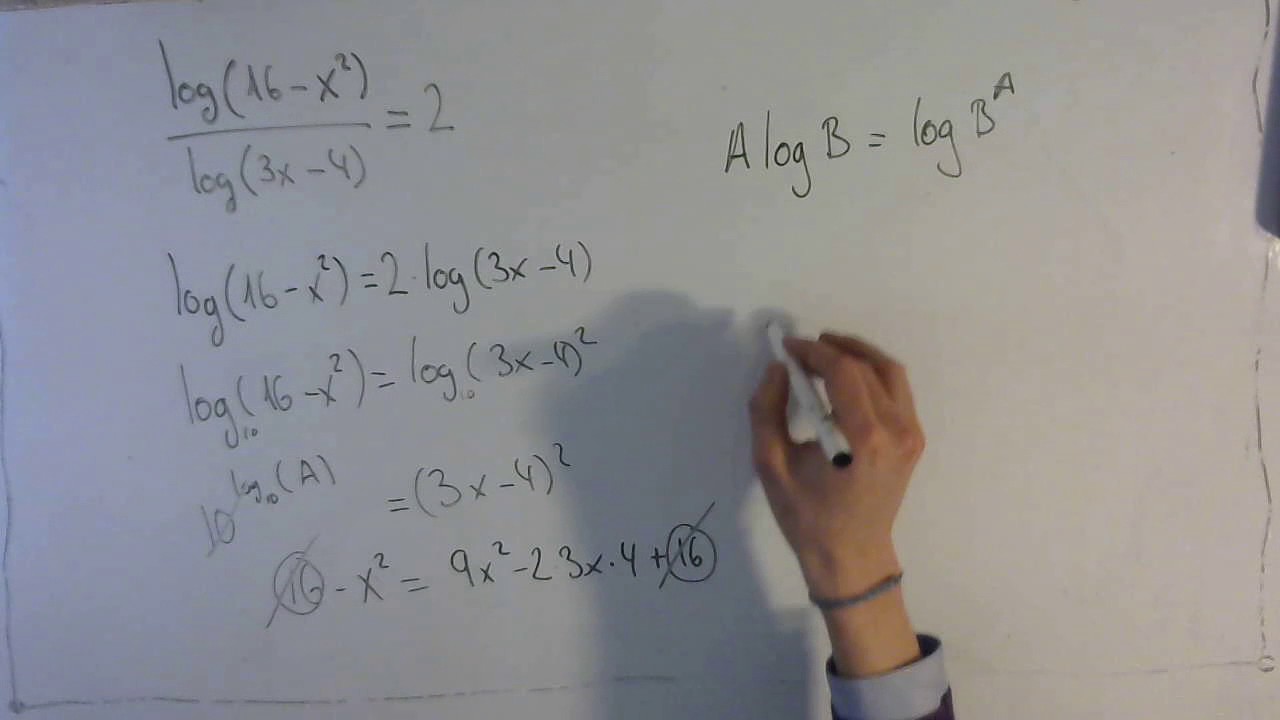 Ecuación logarítmica | log(16-x^2)/log(3x-4)=2 - YouTube