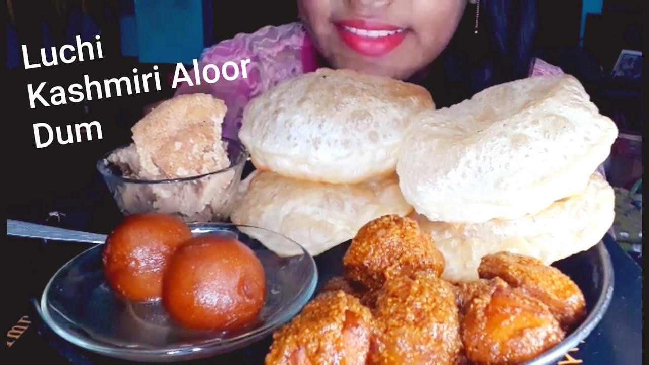 Eating Luchi + Kashmiri Aloor Dum + Sujir Halwa +Gulab Jamun ( No ...