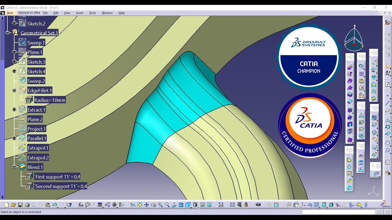 CATIA v5 How to connect and trim two surfaces using Blend - YouTube