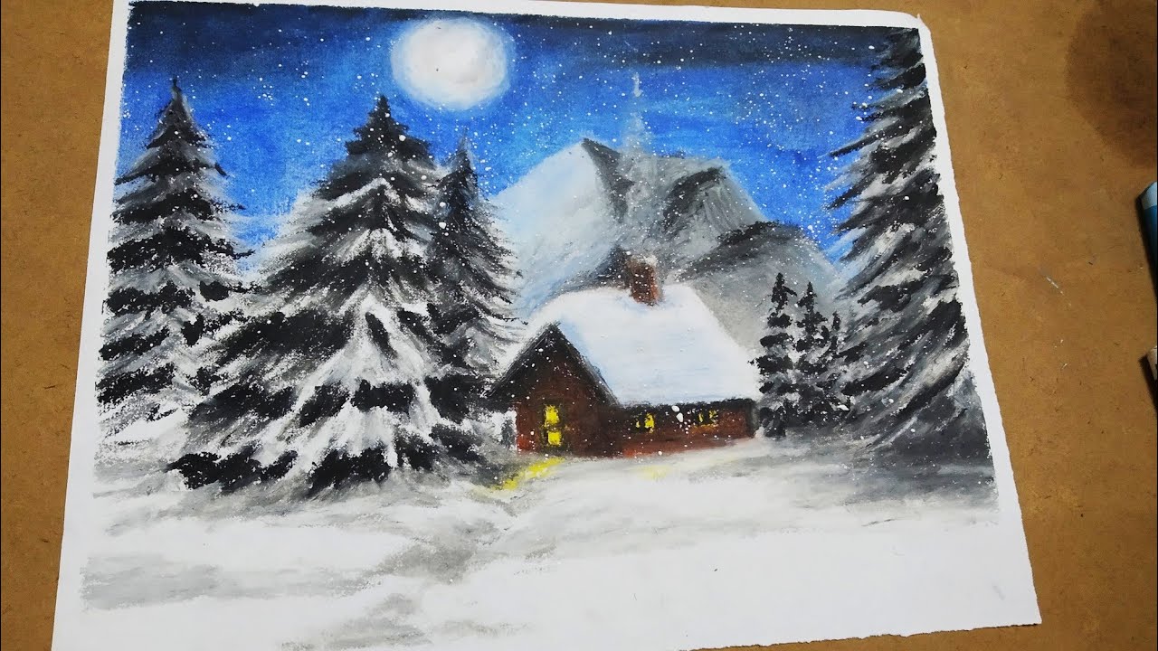 Easy winter snowfall secnery drawing for beginners with oil pastel ...