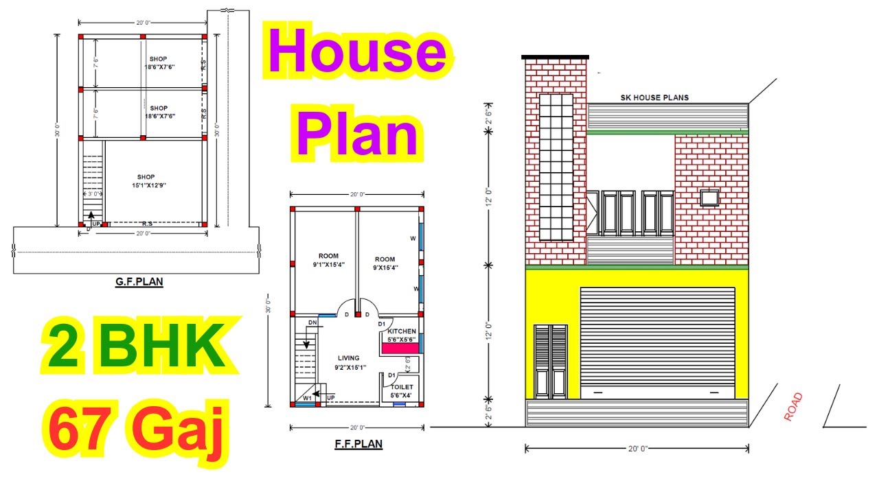 2 Bhk 67 Gaj House Plan And 3 Shops With Front Elevation 20 X 30 / 600 ...
