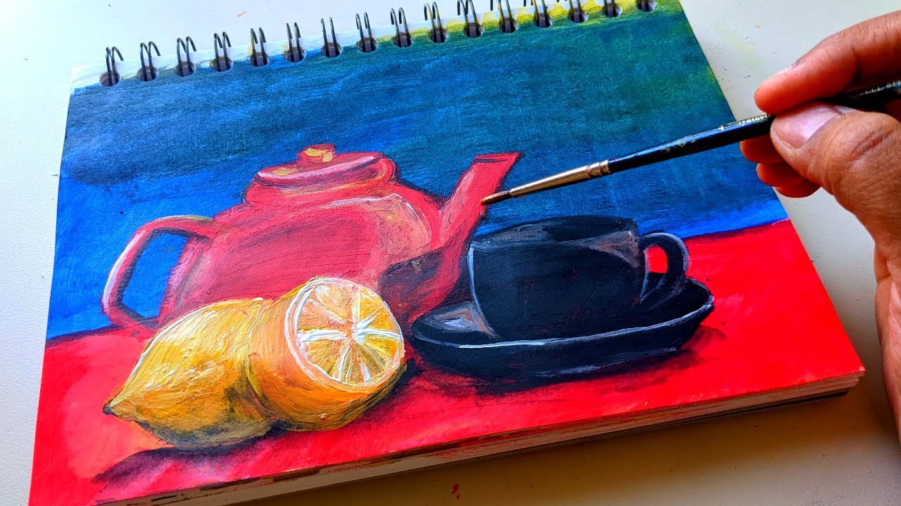 Tea pot and cup with Lemons | Still life - Acrylic painting for ...