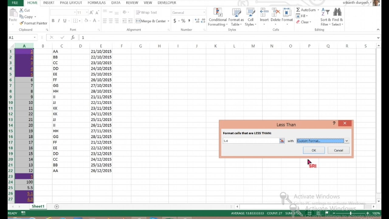 Excel With Vba Tutorials With Sri Lesson 4 Home Tab Stylesconditions Tables Cell