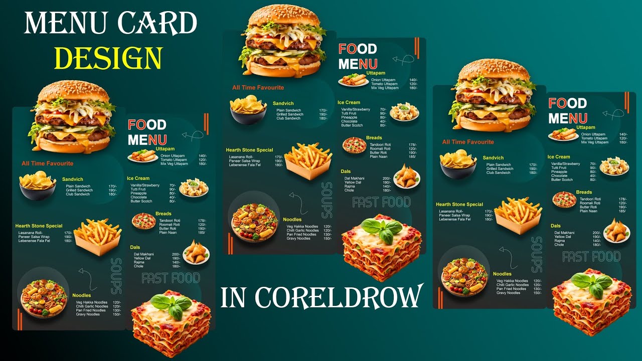 Digital restaurant menu card horizontal format food burgers pasta in ...