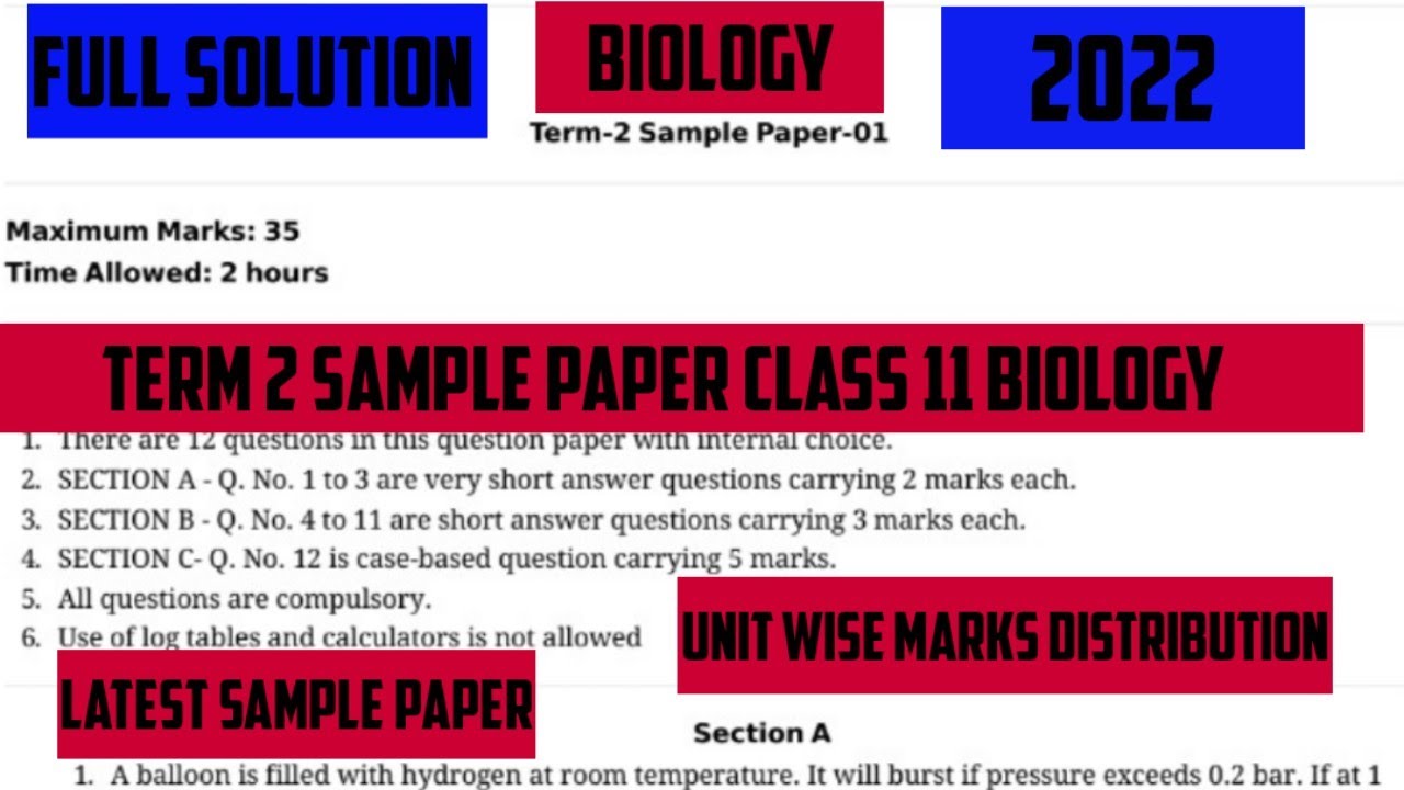 Cbse class 11 Term 2 sample paper Biology | 2022 | Question Paper term ...