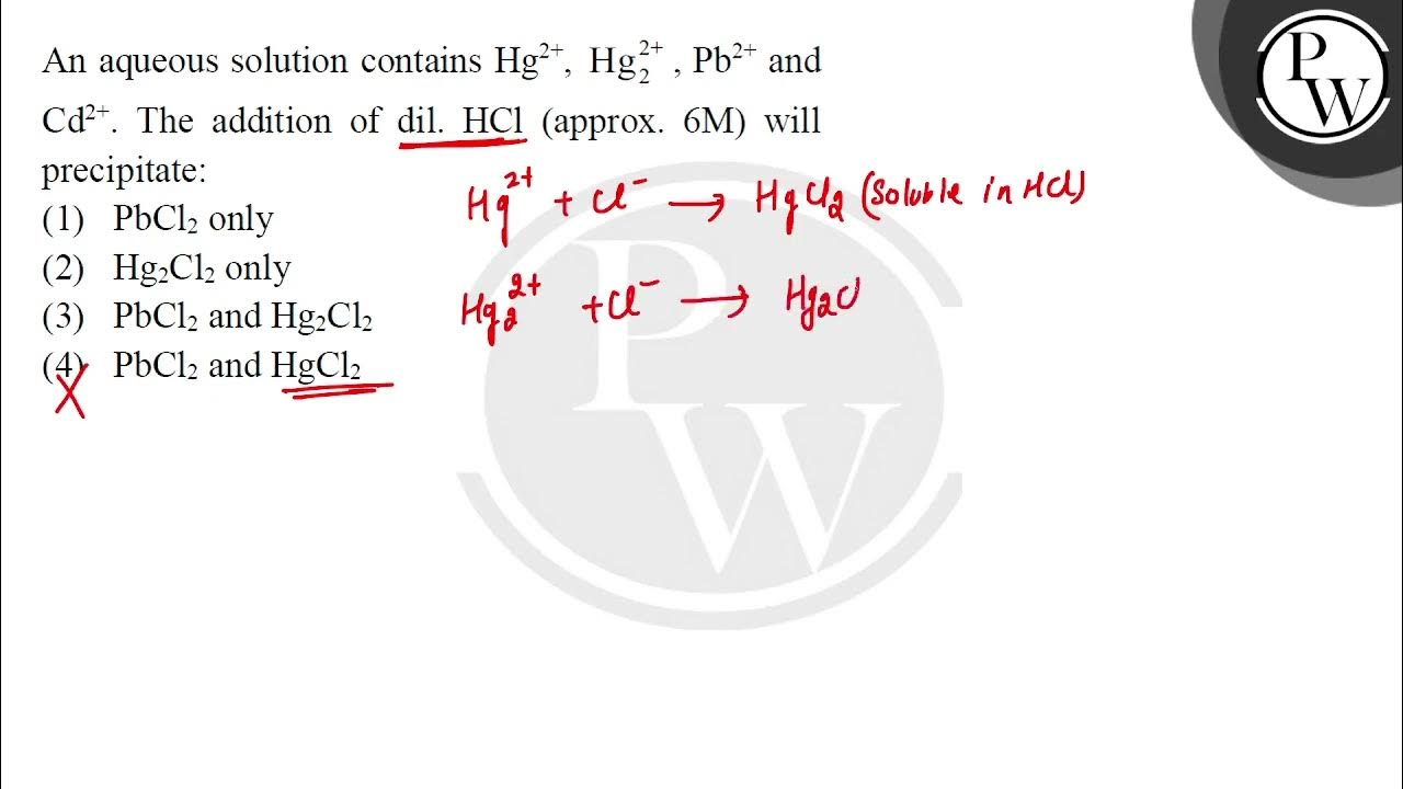 An aqueous solution contains \( \mathrm{Hg}^{2+}, \mathrm{Hg}_{2}^{2+}, \mathrm{Pb}^{2+} \) and ...