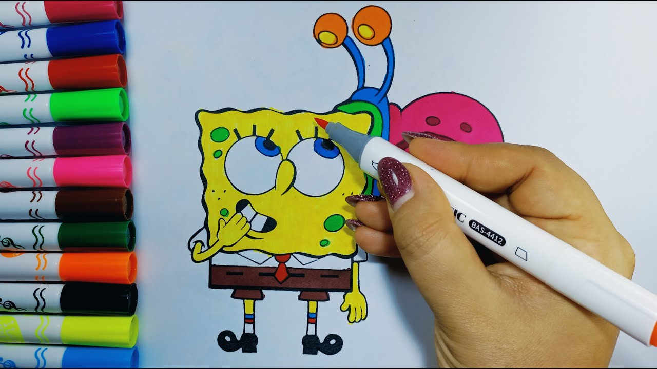 Drawing and coloring SpongeBob and snail for kids | Let's paint - YouTube