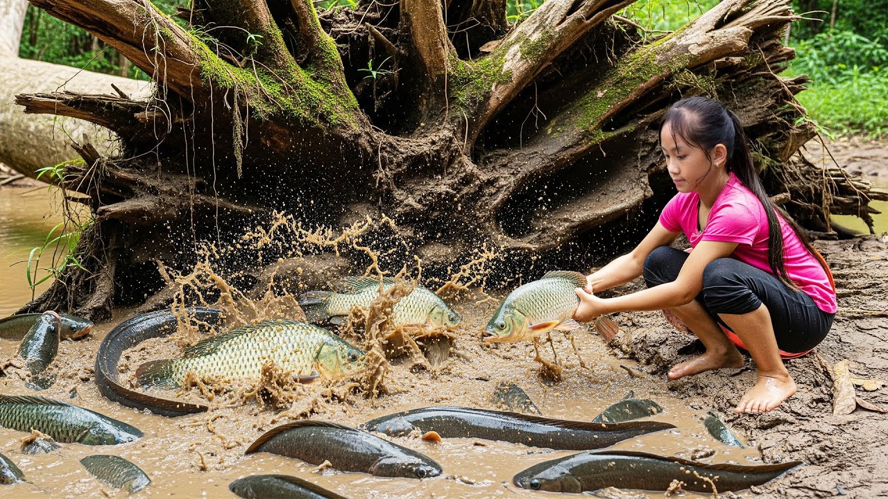 Amazing: Poor Girl's Makes Fish Trap to Catch HUGE School of Fish in ...