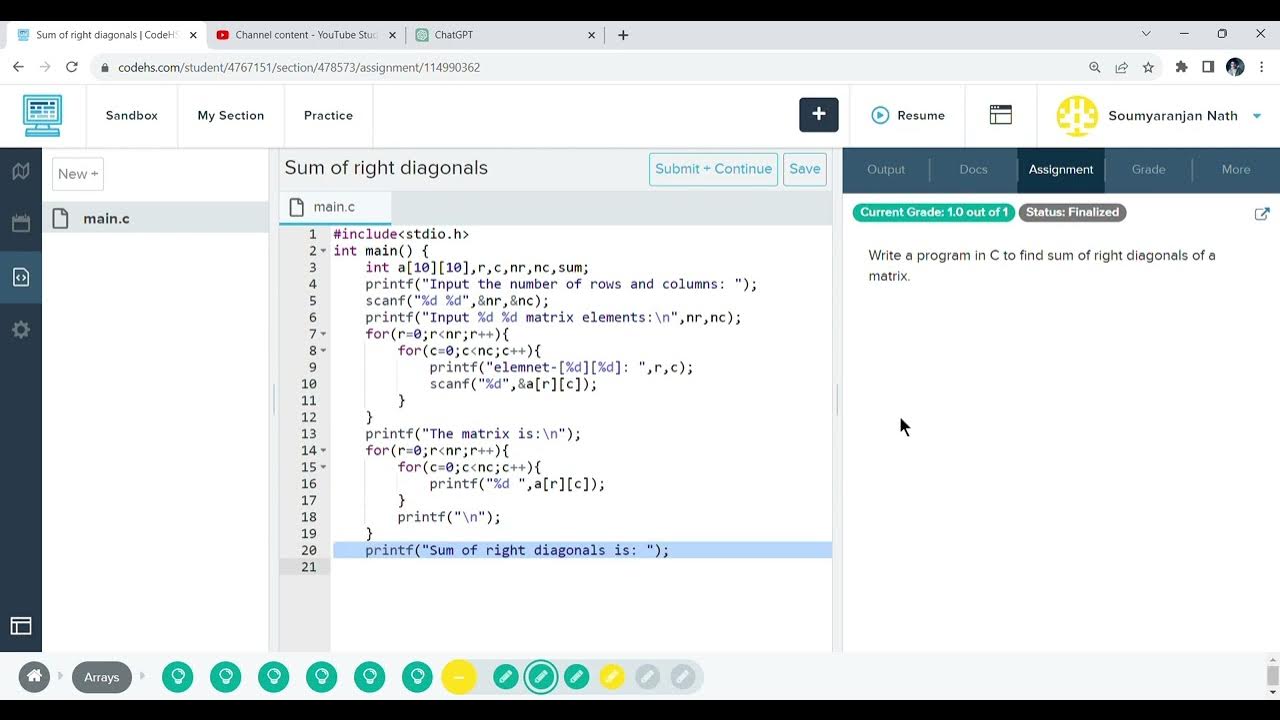 Write a program in C to find sum of right diagonals of a matrix. - YouTube