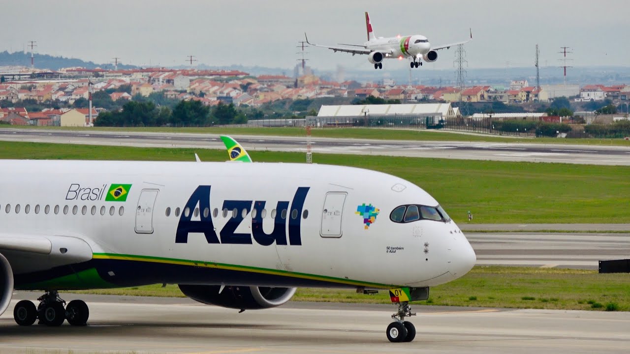 Lisbon LANDINGS with AZUL AIRBUS A350 in the foreground - YouTube