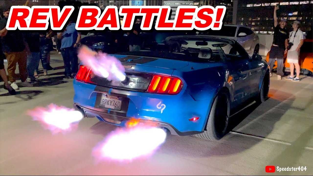INSANE Mustang Shooting Huge Flames! 100 Cars Rev Battle vs Cops - YouTube