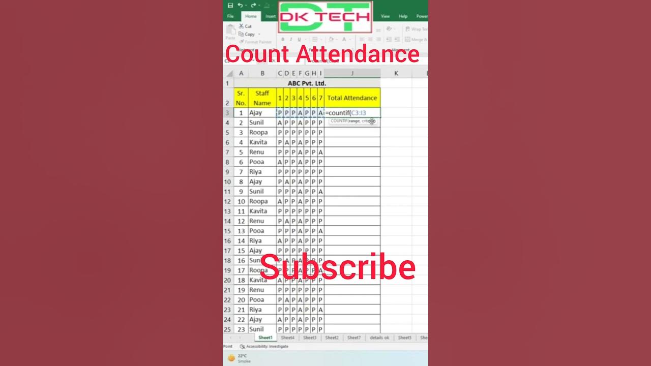 Excel me attendance count kaise kre //count if formula in excel #shorts #exceltips # ...