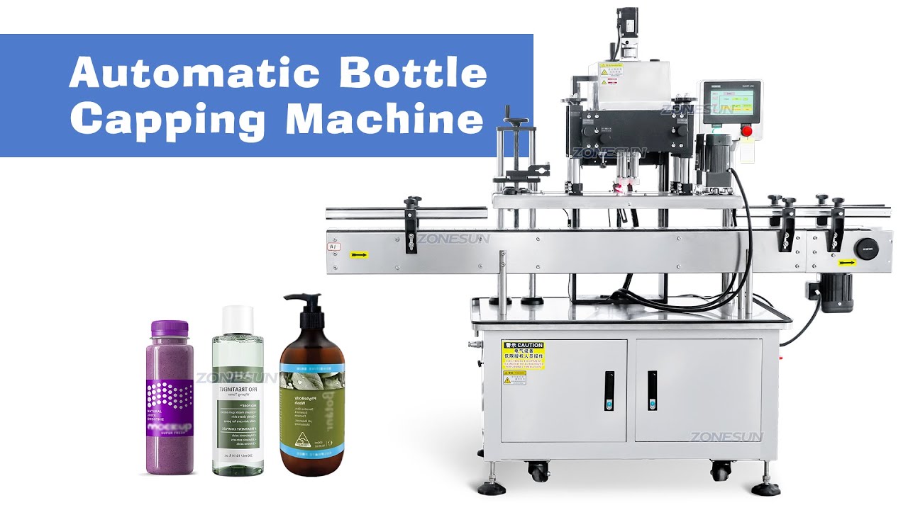 ZONESUN ZS-XG440RS Automatic Servo Motor 4 Wheel Screw Bottles Capping Machine - YouTube