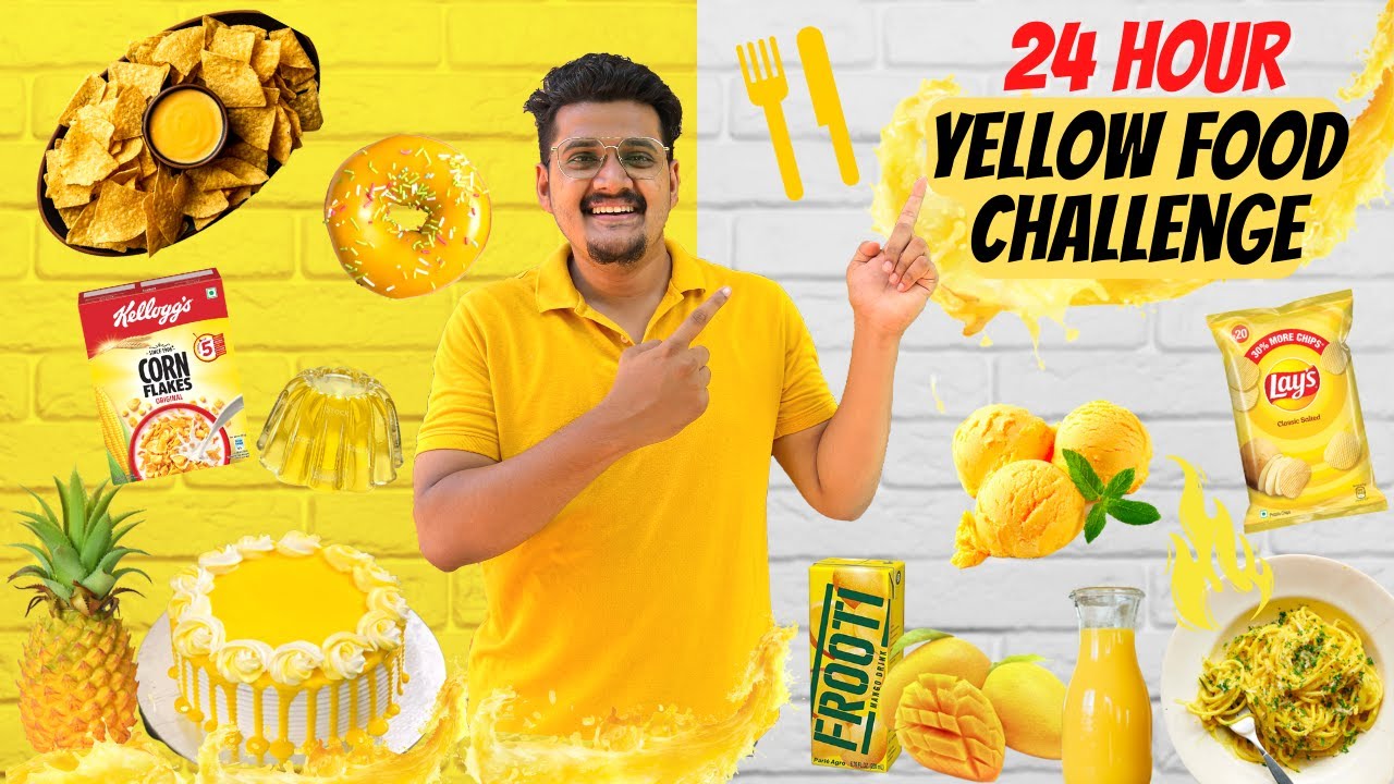 YELLOW FOOD CHALLENGE | 24 HOURS YELLOW COLOUR FOOD EATING CHALLENGE ...