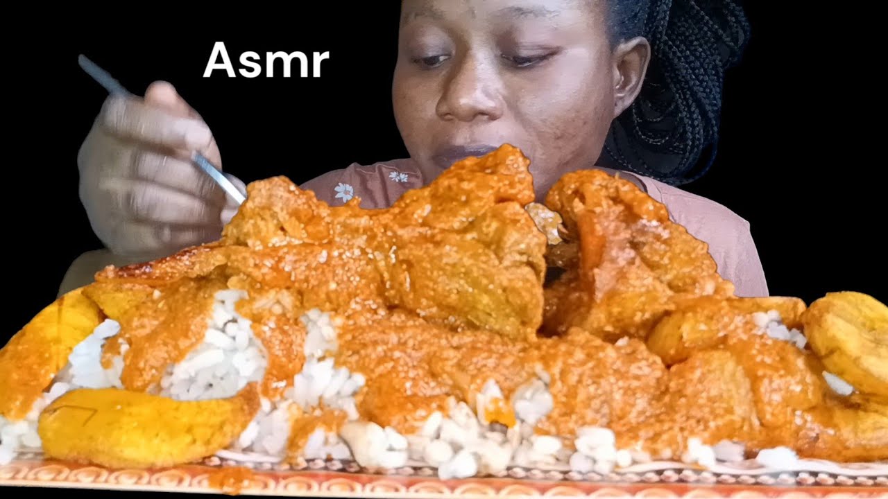 African Food mukbang asmr tomato stew rice chicken and plantain African ...