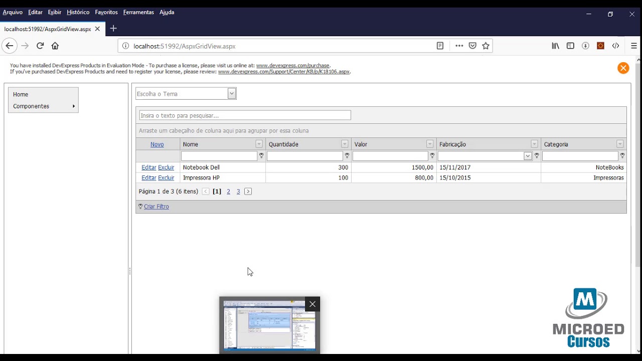 Componentes DevExpress para Asp.NET - aula10 Controle AspxGridView ...