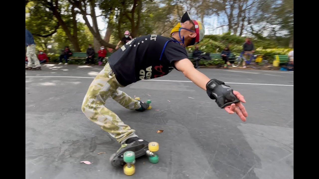 Doing the Matrix dip / back bend on quad skates two ways - YouTube