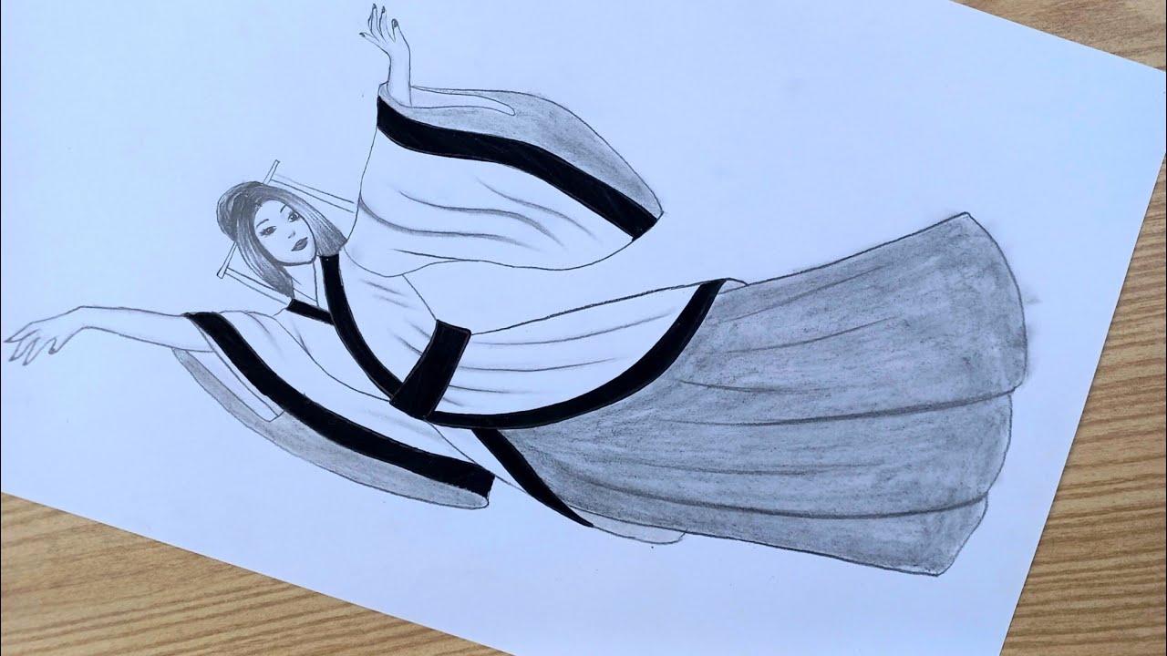 Easy drawing of a Chinese girl dancing in a gown||Chinese girl drawing ...