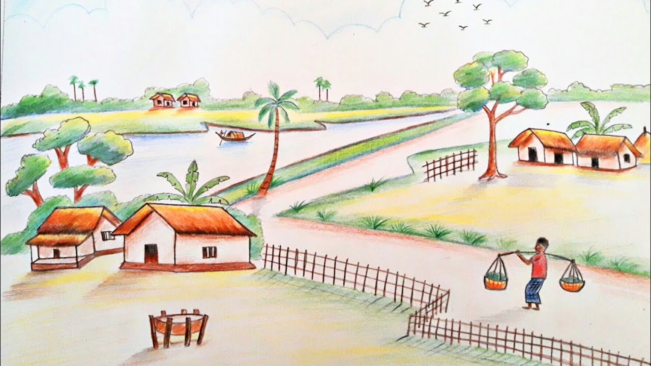 How to draw a natural village scenery with colour pencils... step by ...