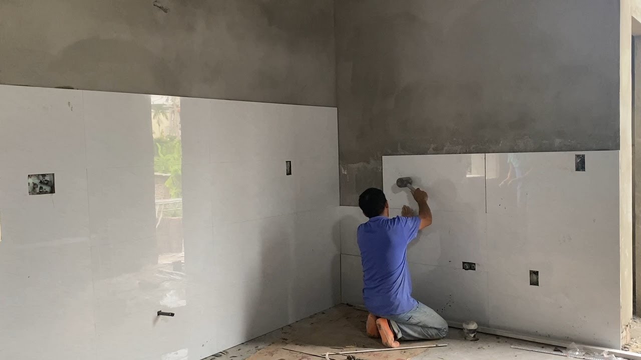 How to install porcelain ceramic tiles on kitchen wall - YouTube