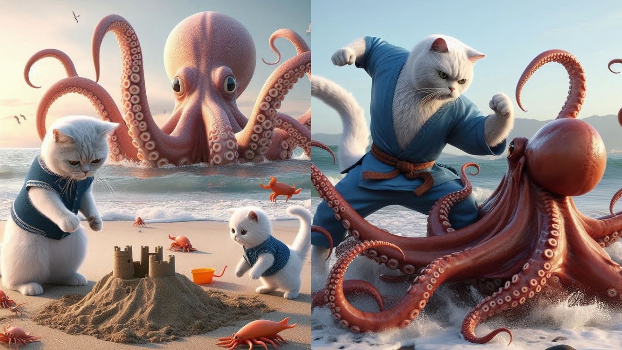 Dady Cat vs Octopus🙀 #aicat #ai #cutecat #catstoryai #catlover #storyai ...