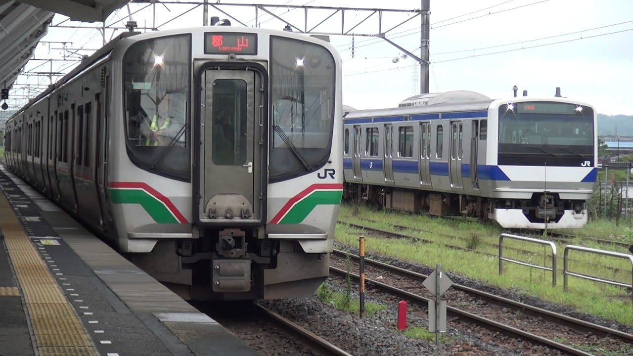 東北本線 白河駅 下り普通E721系着発 E531系試運転留置 2017.08.16 - YouTube