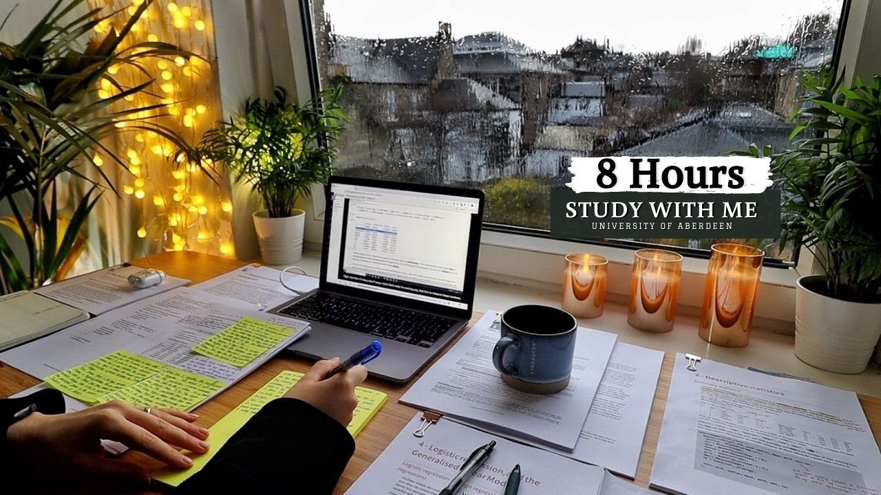 8 HOUR STUDY WITH ME on a RAINY NIGHT | Background noise, 10-min Break ...