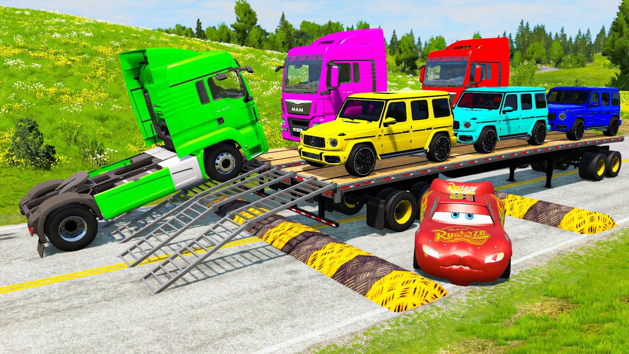 TRANSPORTING PIXAR CARS & FRUITS WITH COLORED & JOHN DEERE vs CLAAS vs ...