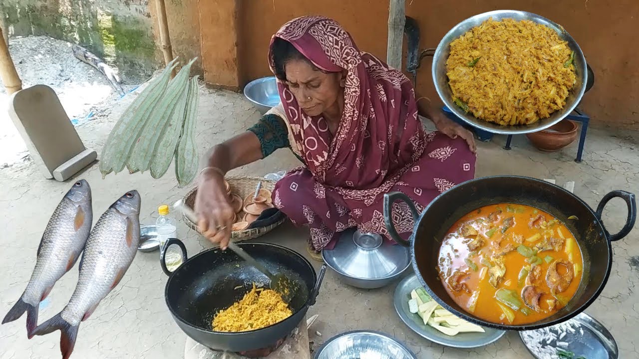 Ridge gourd with Mrigal fish curry and fish egg recipe cooking&eating ...