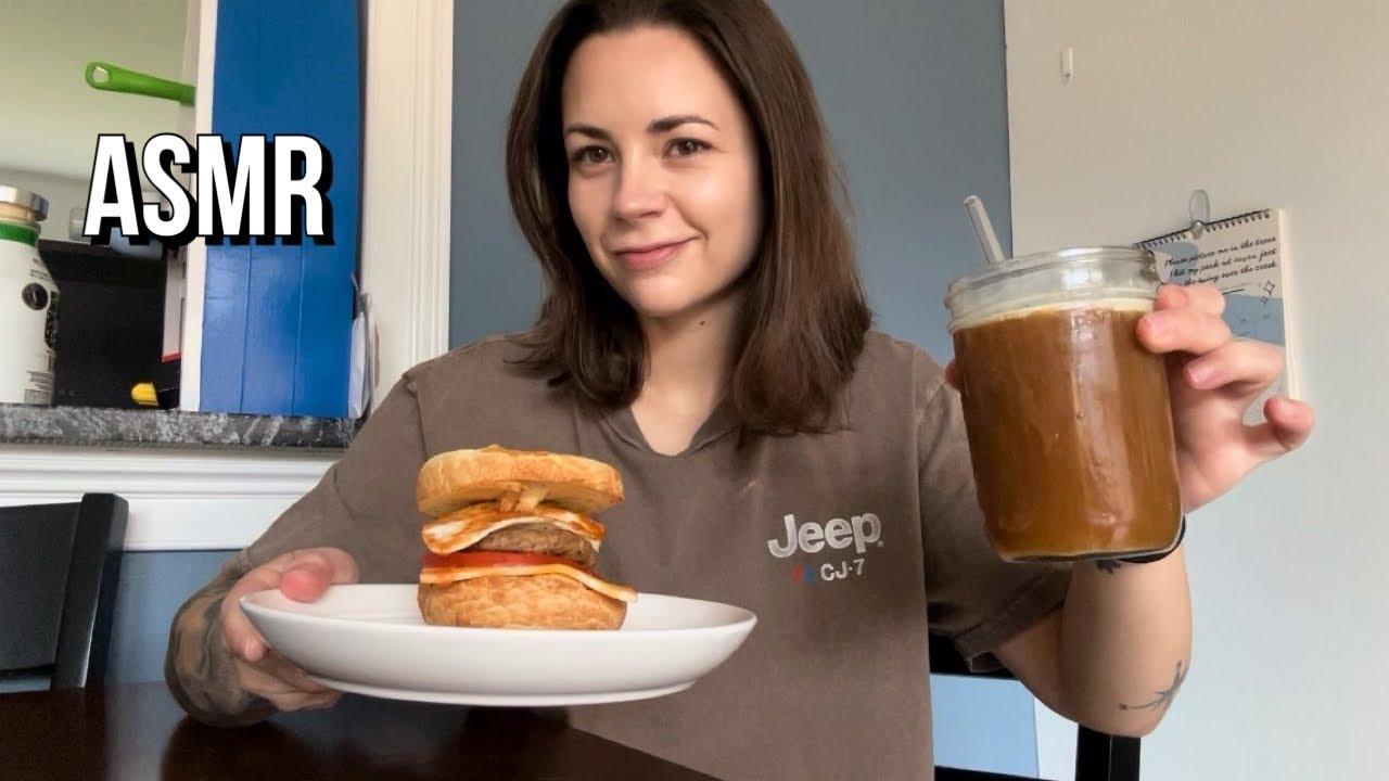 ASMR • Breakfast Mukbang ☕️ (Bagel Sandwich & Iced Coffee) - YouTube