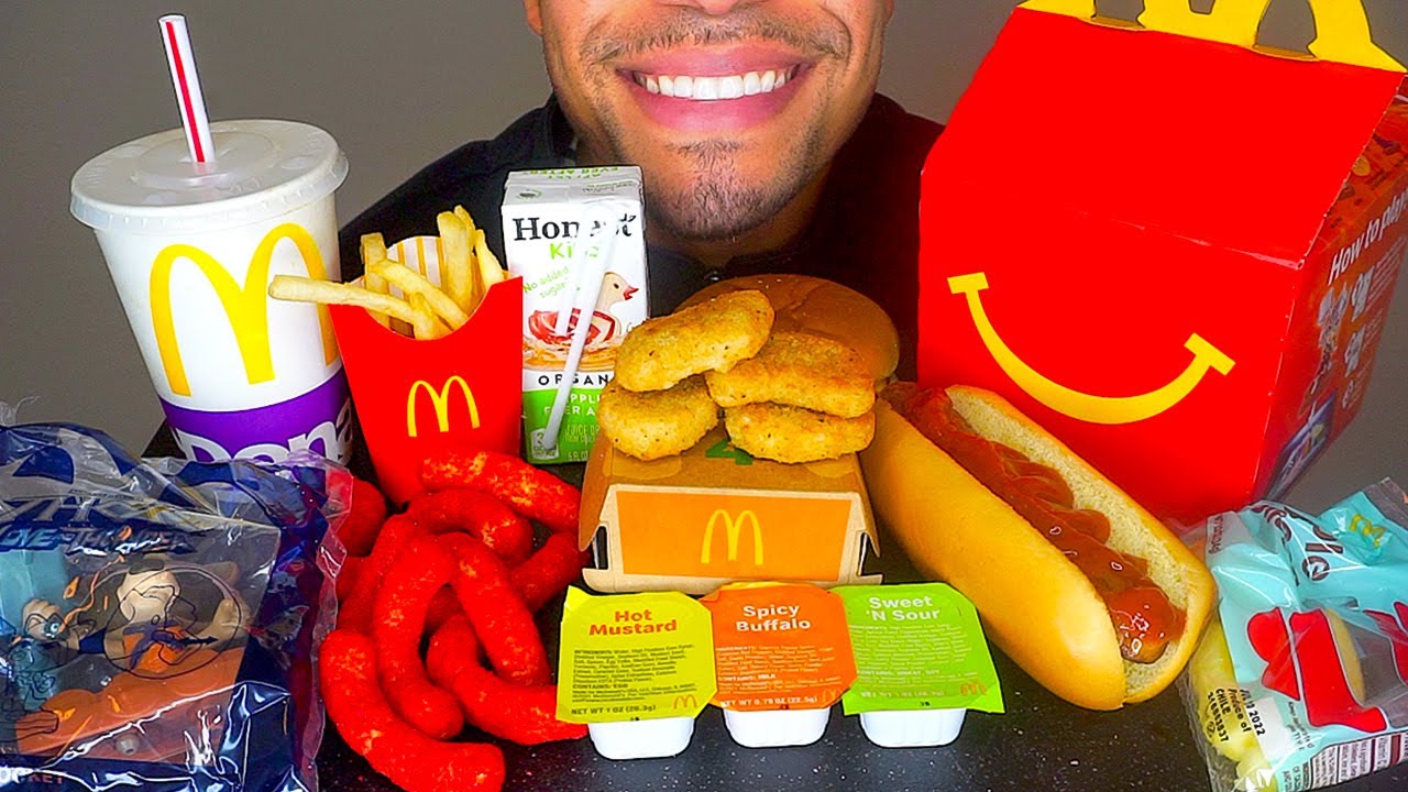 ASMR MCDONALDS TOYS CHICKEN NUGGETS HOT CHEETO PUFFS HAPPY MEAL HOT DOG ...
