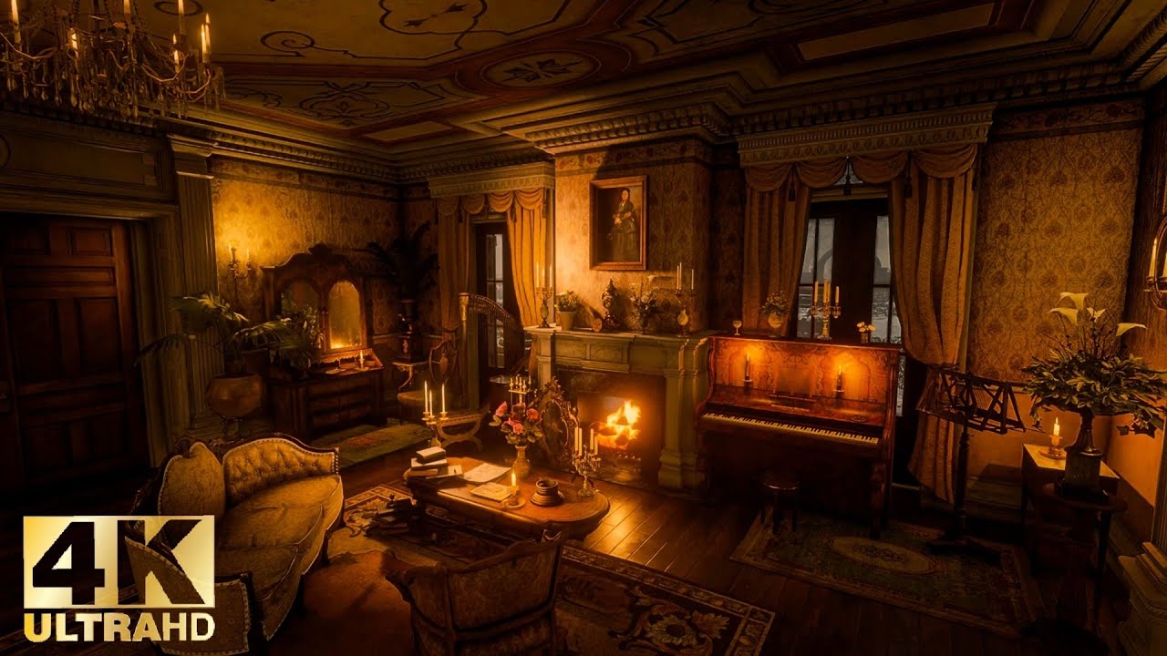 A cosy winter room with a warm fireplace and the gentle sound of ...