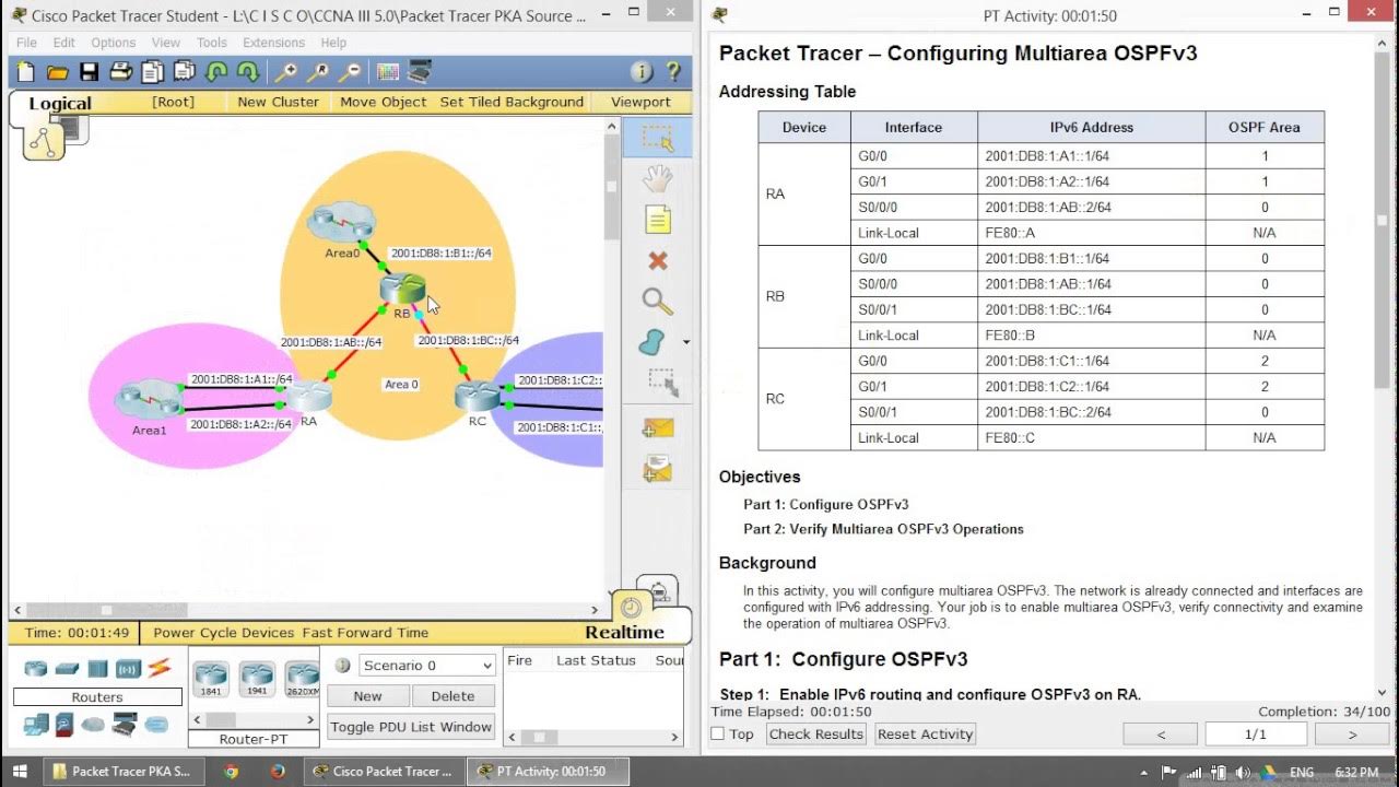 CCNA3 6.2.3.7 Packet Tracer Configuring Multiarea OSPFv3 - YouTube