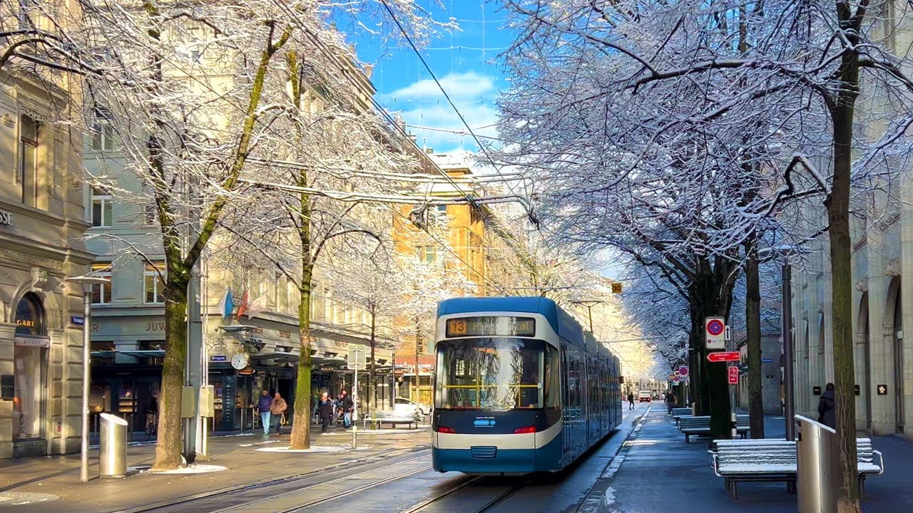 Zurich Bahnhofstrasse Snow + Sun walk ️ ☀️ Beautiful 4K Winter Walking ...