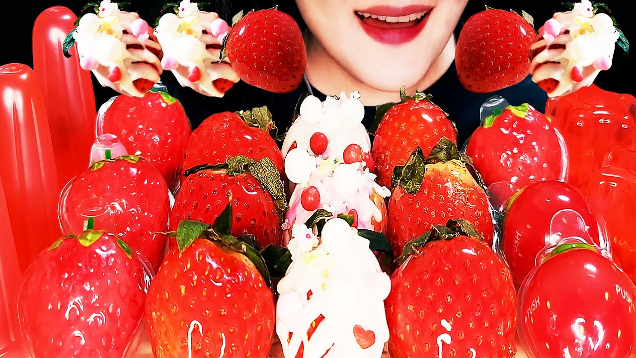 ASMR strawberry desserts(Tanghulu, jelly, chocolate) EATING SOUNDS 딸기 ...