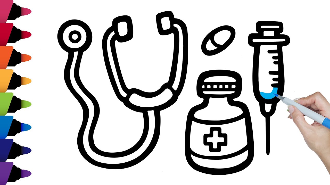 How to draw a doctors set - step by step - Easy Drawings | 병원 청진기 그리기 ...