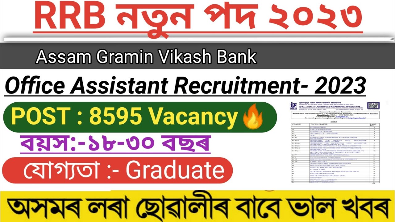 RRB Recruitment Vacancy:-8595 Vacancy🔥 Office Assistant || Assam Gramin ...