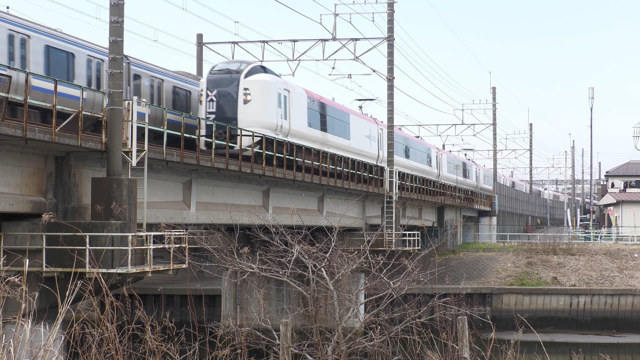 花見川橋梁を通過する総武線の車両たち（E217系・E231系・255系・E259系他） - YouTube