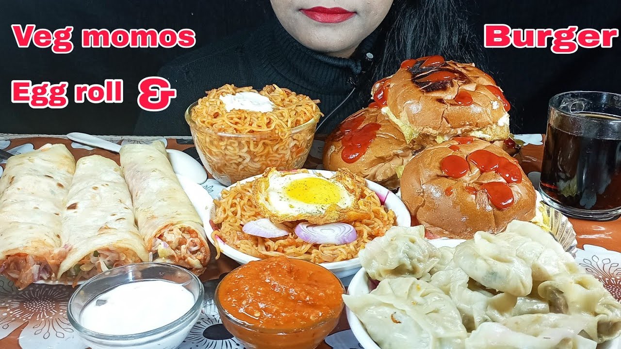 ASMR EATING VEG MOMOS/ASMR EATING EGG BURGER, EGG ROLL, POACHED EGG ...