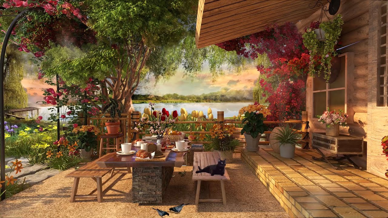 Cozy Porch Ambience | Spring Lake Ambience with Relaxing Music And ...