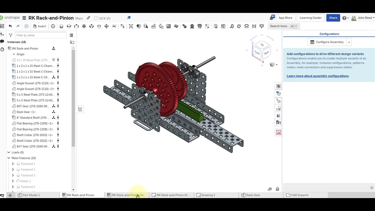 Onshape VEX Exploded Assembly Drawing - Rack and Pinion - YouTube