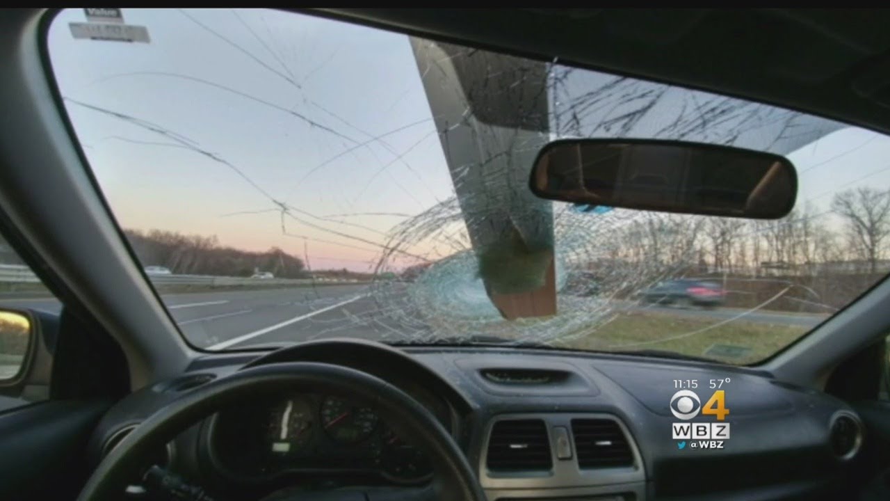 Wood Smashes Through Windshield On Route 128 - YouTube