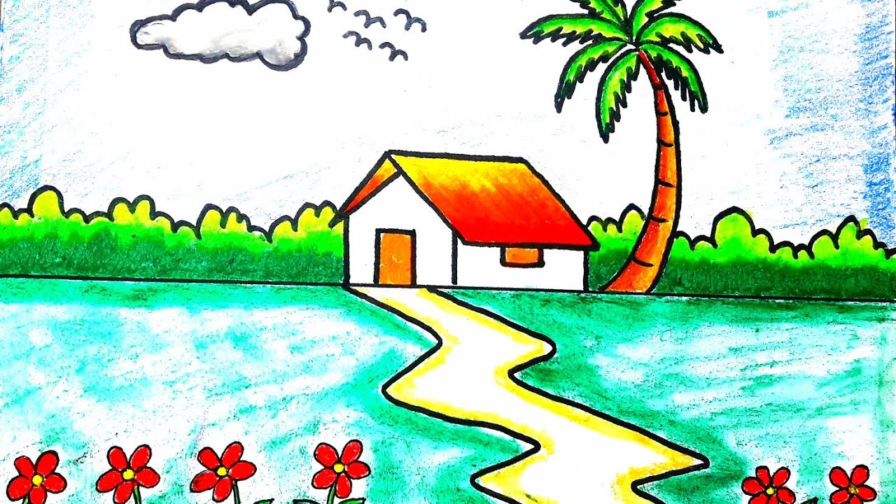 easy way of drawing scenery | simple scenery drawing - YouTube