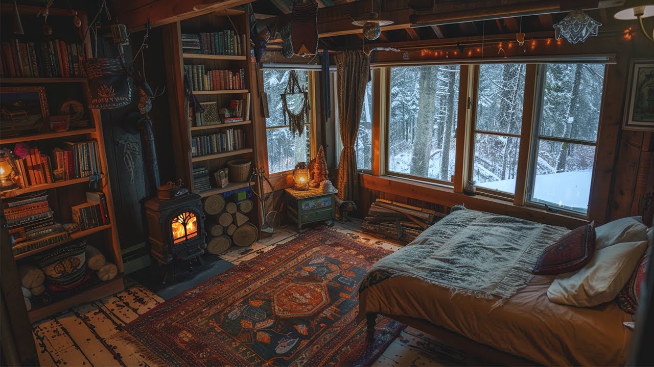 🔴Soothing Winter Cabin Atmosphere | Deep Sleep with Fireplace Crackling ...