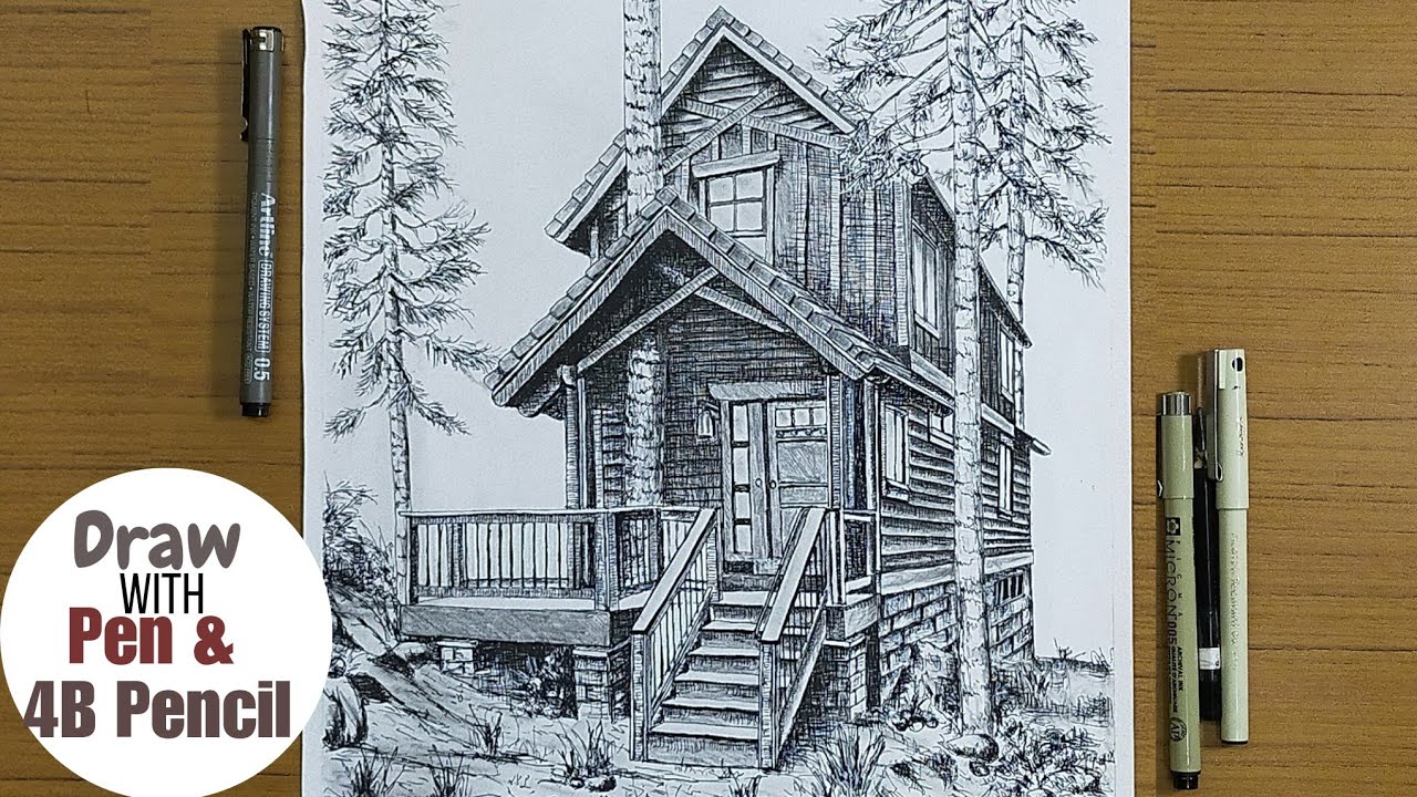 HOW TO DRAW A FRAME HOUSE || DRAW A WOODEN HOUSE USING PEN & 4B PENCIL ...