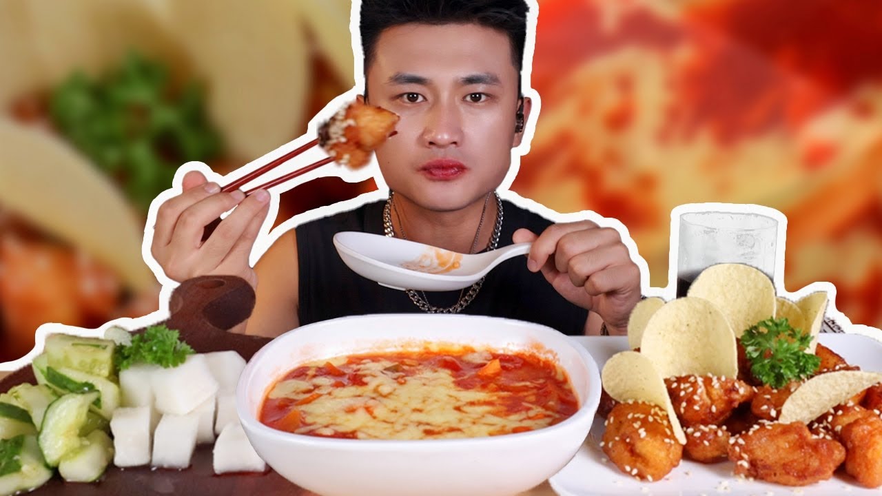 Eric eating/Mukbang)SUB/Spicy Cheese Rice Cake with Fried Chicken/ASMR eating sounds - YouTube
