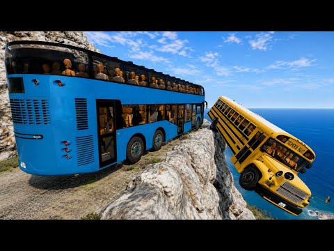 Double Bus vs School Bus 💥 on Deadly Cliff with 100 Dummies | BeamNG Drive #247!