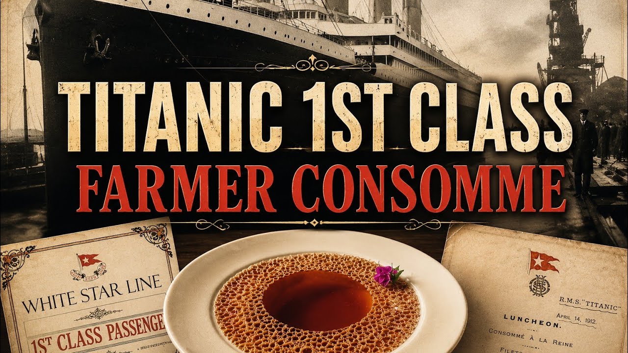 First-Class Titanic Dining Experience. Farmer consomme, chicken soup ...