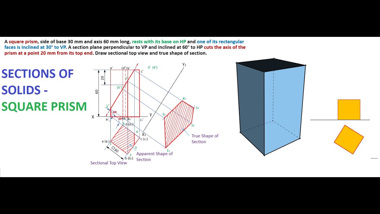 Section of Solid Square Prism | Section Plane inclined to HP - YouTube